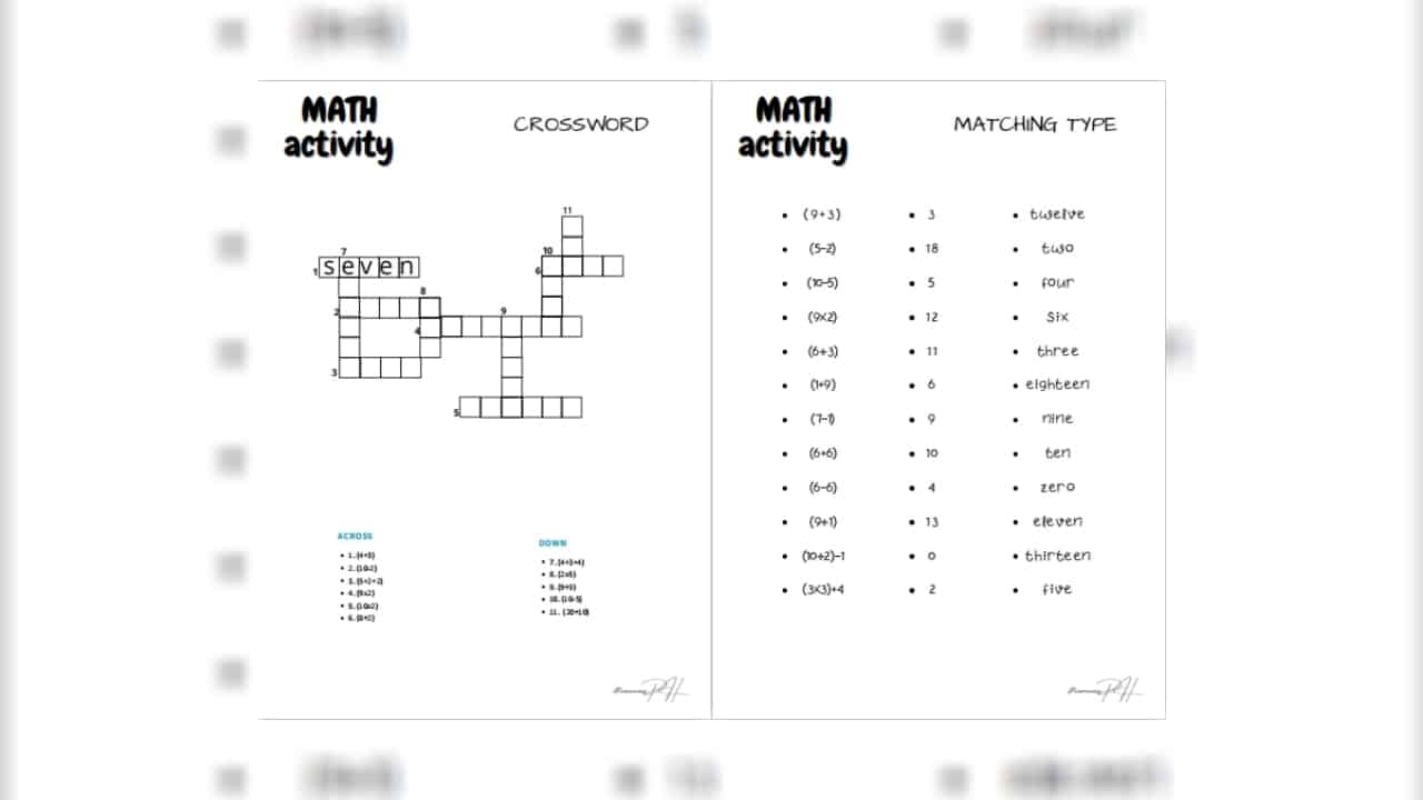 Free Math Activities | Crossword Puzzle & Matching Type