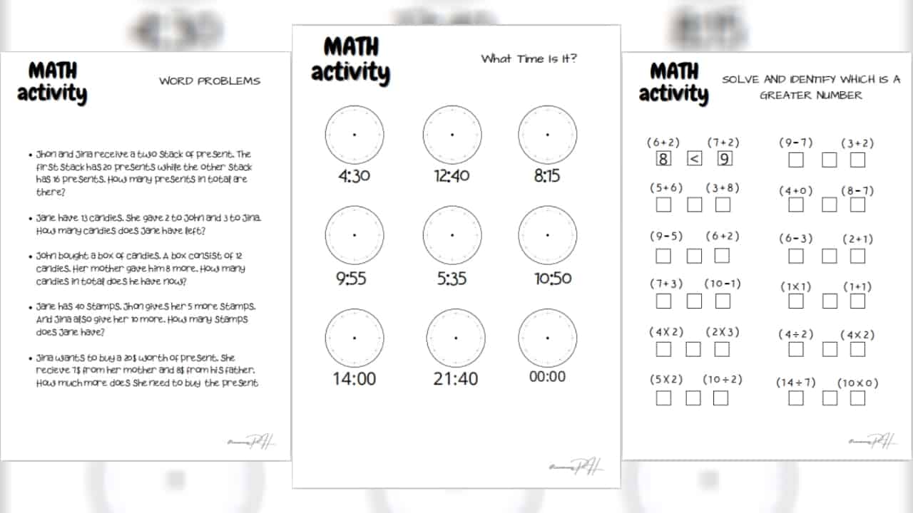 Free Math Activities | Greater Than, Time & Word Problems