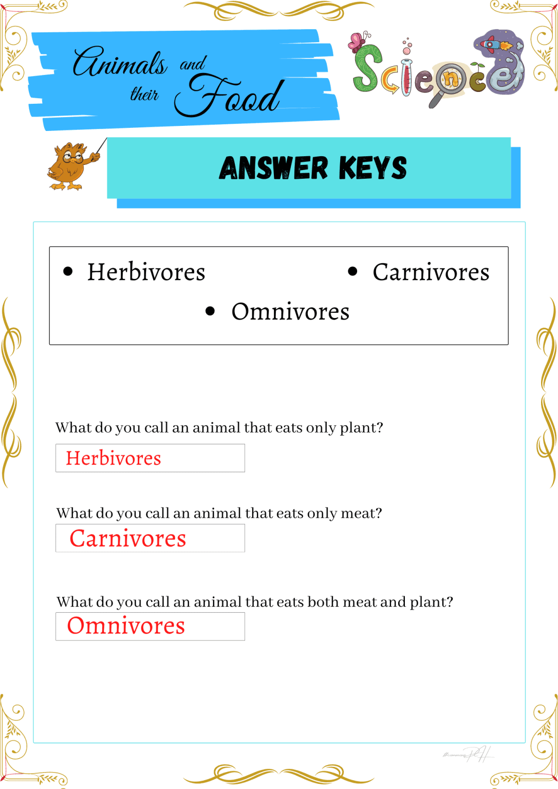 Grade 1 Science Worksheets | Herbivores Omnivores and Carnivores
