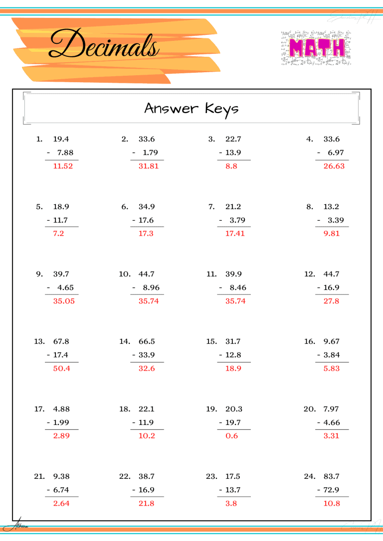 Grade 4 Math | Decimals VII (Subtraction)